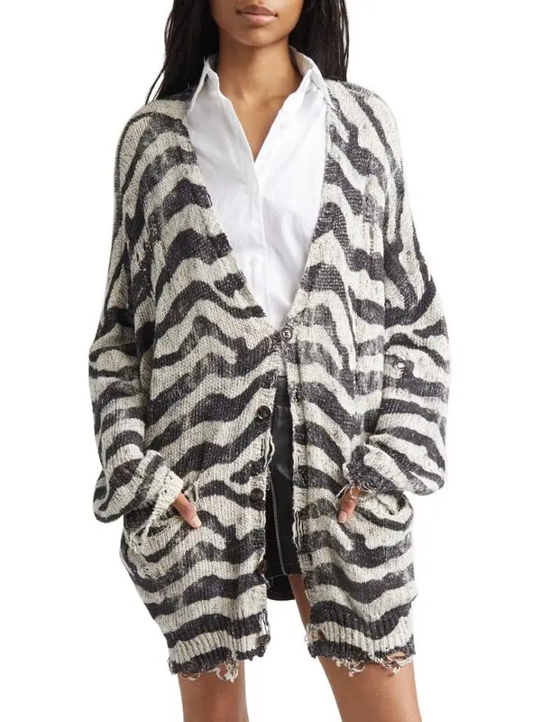 R13 Oversized Distressed Zebra Print Linen Blend Cardigan - Black And White Zebra