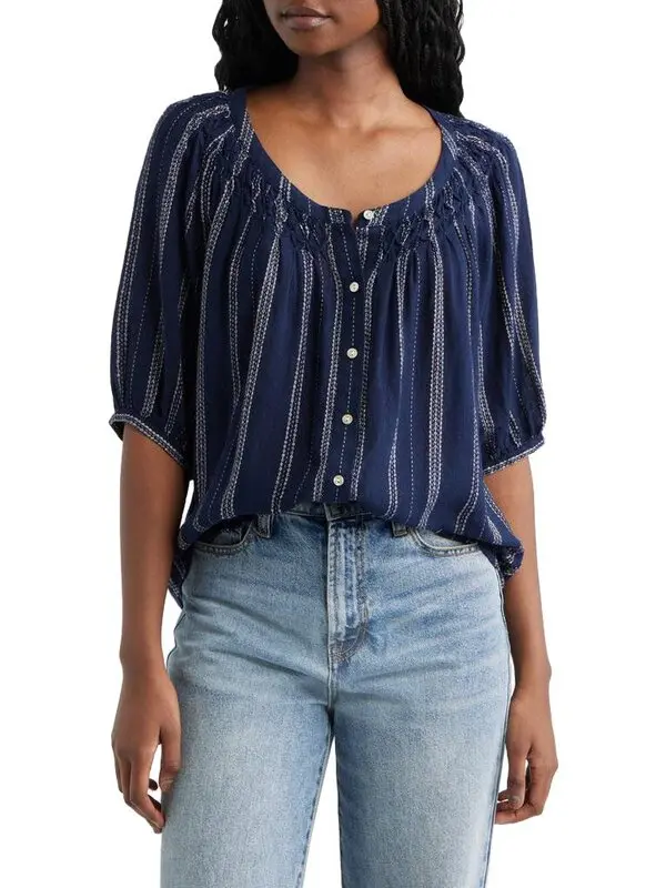 Rails Rix Embroidered Stripe Linen Blend Top - Marina Stripe