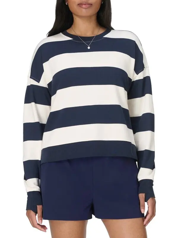 Sweaty Betty Boxy Cropped Sweatshirt - White/navy Blue Large Stripe
