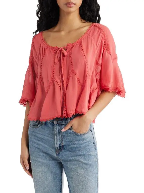 Free People Michelle Lace Trim Top - Aged Coral