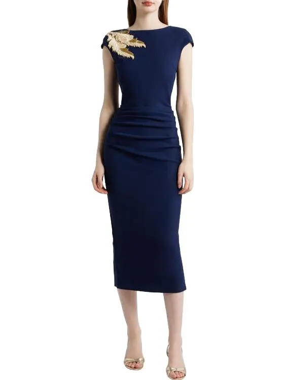 Chiara Boni La Petite Robe Metallic Feather Detail Cocktail Sheath Dress - Blue Notte