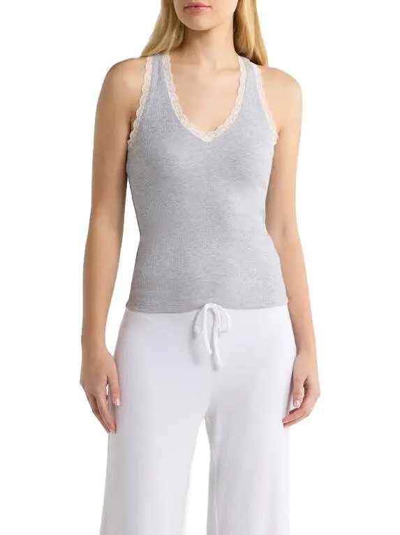 OPEN EDIT Lace Trim Ribbed Tank - Grey Heather