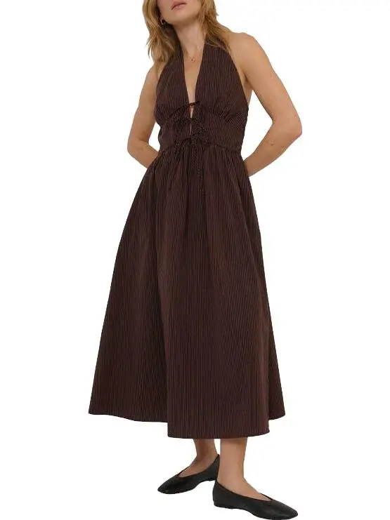 NOBODY'S CHILD Lilijana Tie Front Halter Organic Cotton Midi Dress - Brown