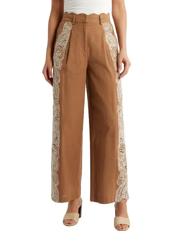 CIEBON Embroidered Detail Cotton Pants - Brown/cream