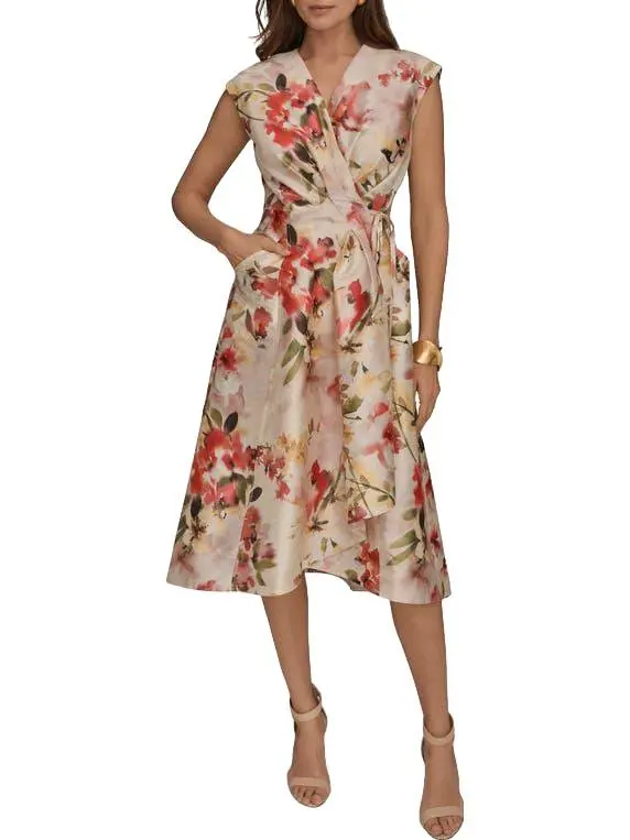 Donna Karan New York Floral Wrap Front Midi Dress - Eggshell