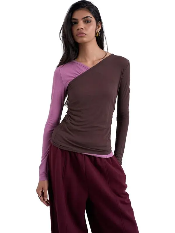 Topshop Colorblock Ribbed Top - Pink And Chocolate