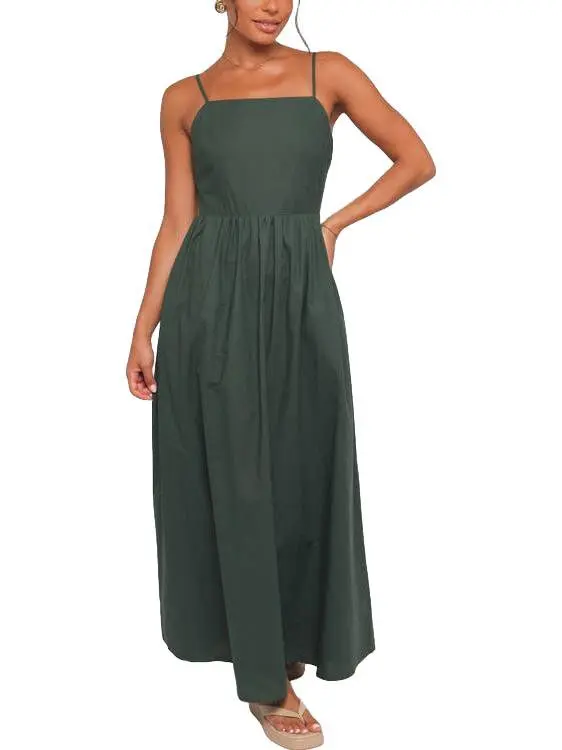 PETAL & PUP Savannah Tie Back Cotton & Linen Maxi Dress - Forest Green