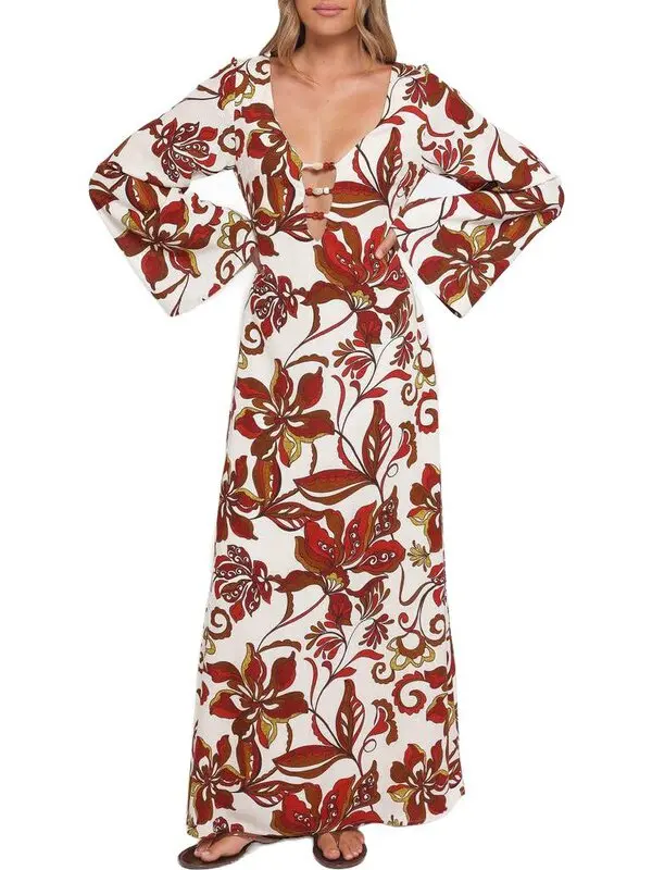 PETAL & PUP Inala Long Sleeve Maxi Dress - Brown Floral