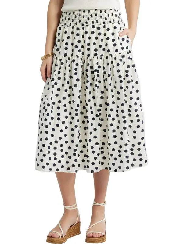Caslon Tiered Printed Midi Skirt - Ivory- Navy Annie Dot