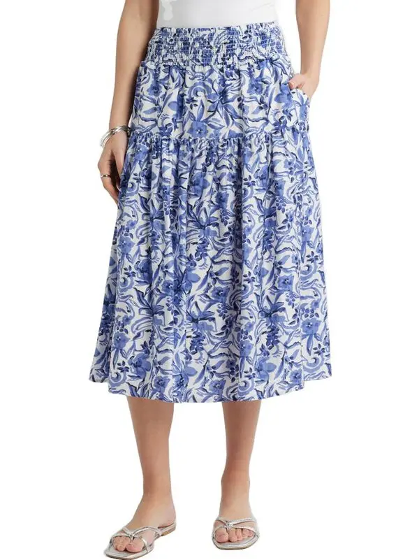 Caslon Tiered Printed Midi Skirt - Ivory- Navy Daisy Garden