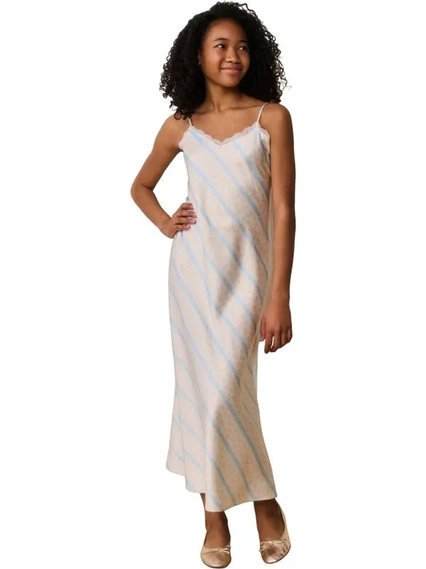 LoveShackFancy Tween Adelise Floral Stripe Maxi Slip Dress - Cotton Skies