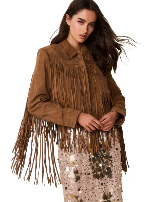 LoveShackFancy Maelis Suede Fringe Jacket - Tan