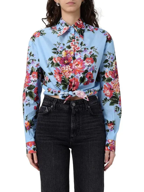 Dolce & Gabbana Cropped Floral Print Cotton Poplin Shirt - Gnawed Blue