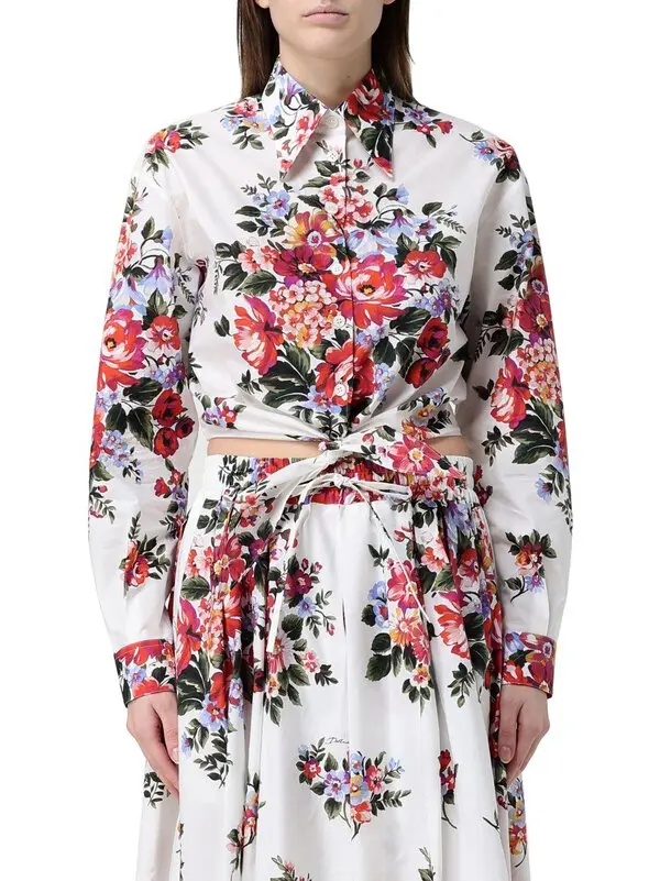 Dolce & Gabbana Cropped Floral Print Cotton Poplin Shirt - White