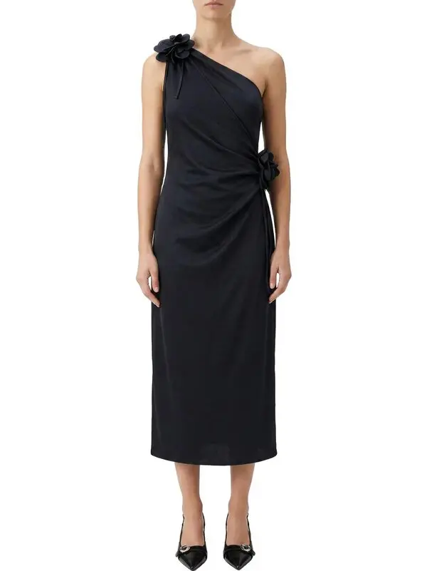 Coperni One-shoulder Midi Dress With Floral Applique - Black