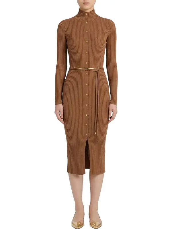 Elisabetta Franchi Ribbed Knit Midi Dress - Brown
