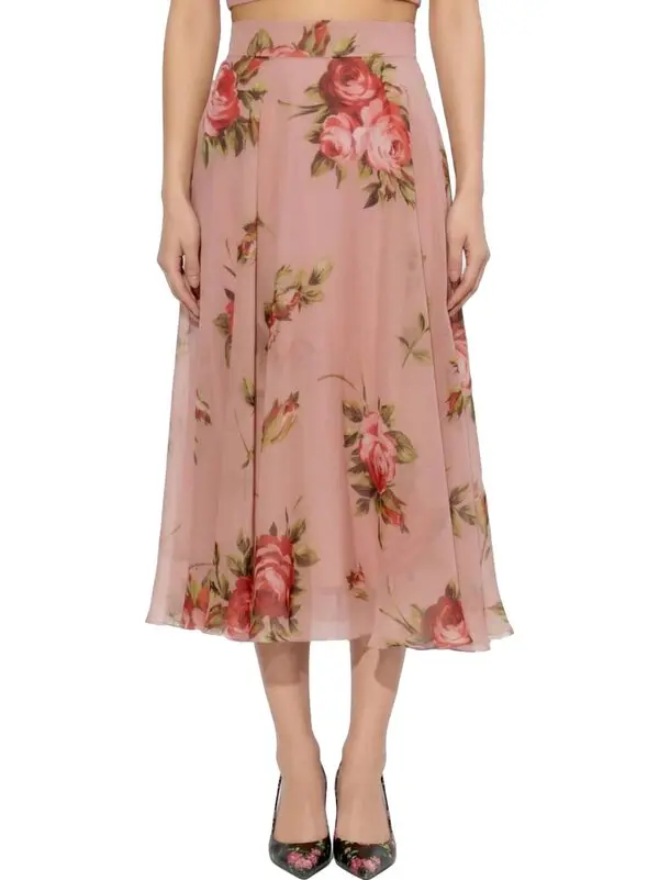Dolce & Gabbana Silk Floral Print Midi Skirt - Pink