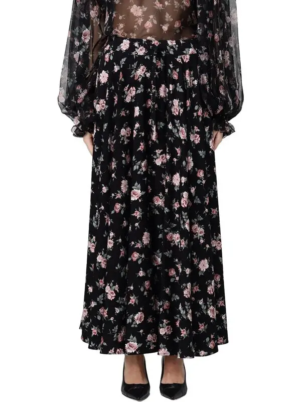 Dolce & Gabbana Floral Print Stretch Silk Maxi Skirt - Black