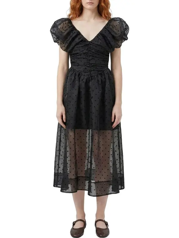 GANNI Polka Dot Tulle Midi Dress - Black