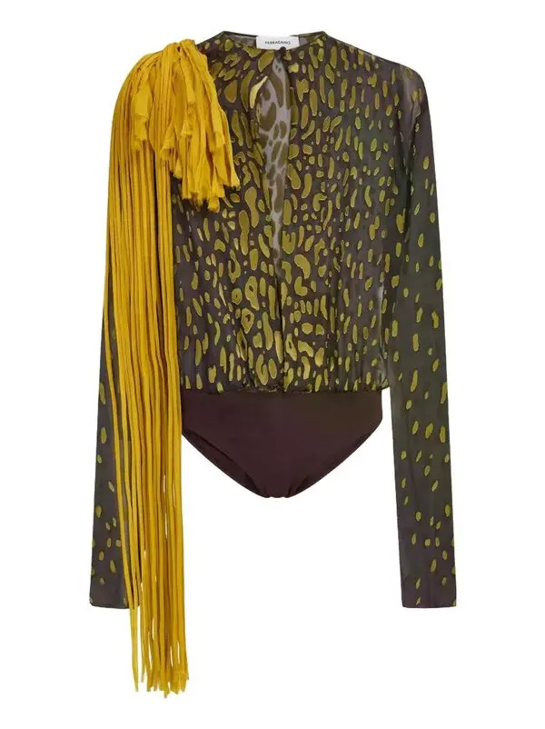 FERRAGAMO Sheer Silk Georgette Bodysuit With Flower Sash - Brown