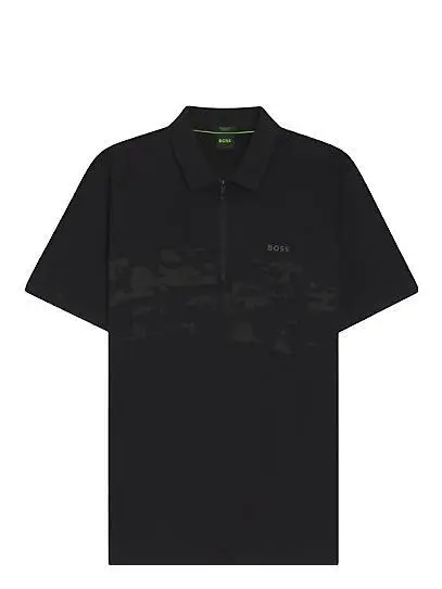 BOSS Abstract-print Zipped Cotton-blend Polo Shirt - Black