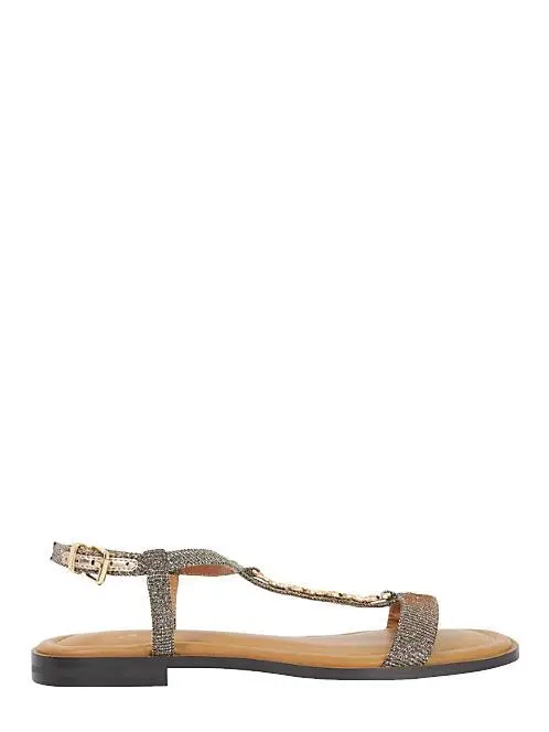 DUNE Woven T-bar Sandals - Bronze Metallic Fabric