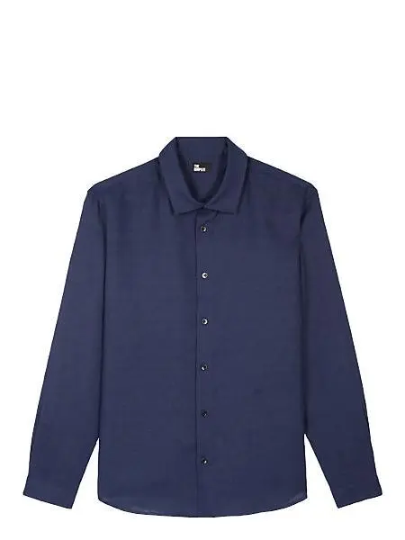 The Kooples Logo-embroidered Slim-fit Linen Shirt - Navy