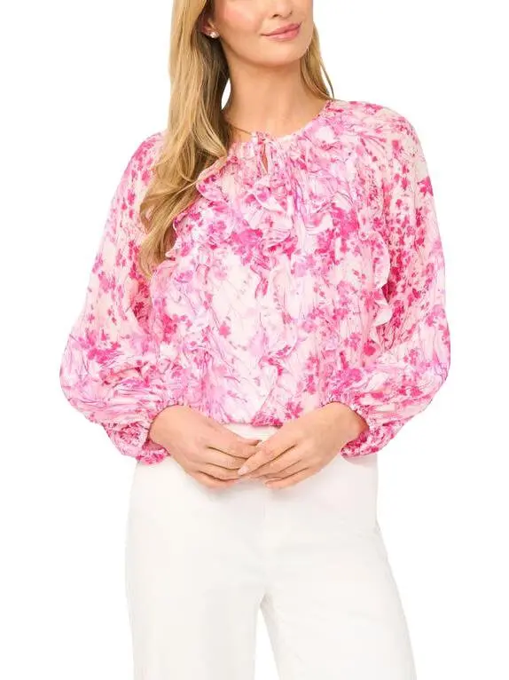 Halogen Tie Front Ruffle Long Sleeve Top - New Ivory/pink Floral