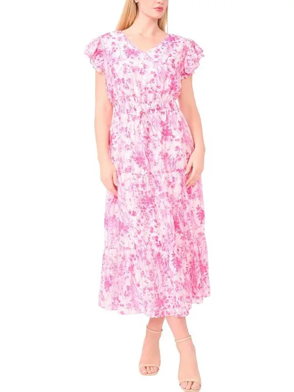 Halogen Double Ruffle Sleeve Midi Dress - New Ivory/pink Floral