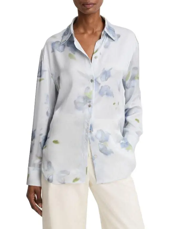 Vince Floral Silk Button-up Shirt - Soft Grey