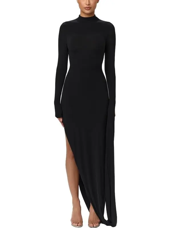 Naked Wardrobe Drape Long Sleeve Maxi Dress - Black