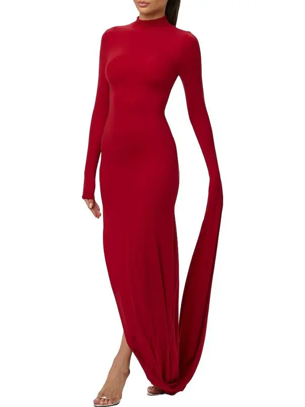 Naked Wardrobe Drape Long Sleeve Maxi Dress - Ruby Red