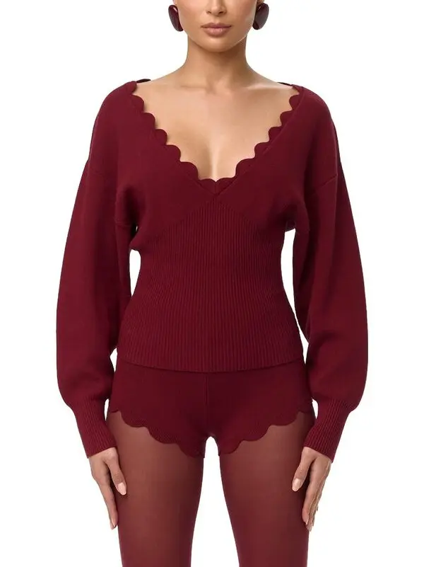 Naked Wardrobe Scallop Trim V-neck Sweater - Red