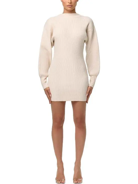 Naked Wardrobe Long-sleeve Rib-knit Mini Dress With V-back - Ivory