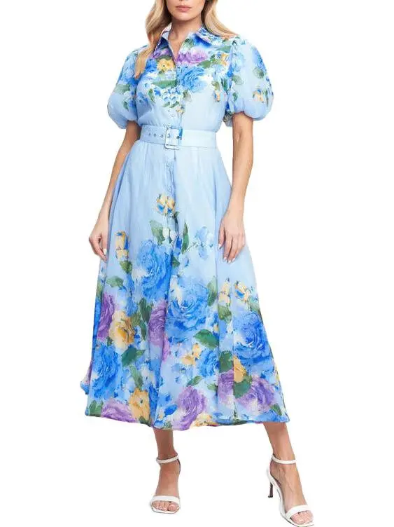FLYING TOMATO Floral Crepe Midi Shirt Dress - Light Blue