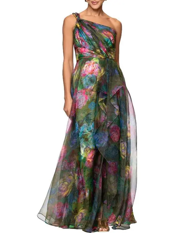 XSCAPE EVENINGS One-shoulder Floral Organza Gown - Green/multi