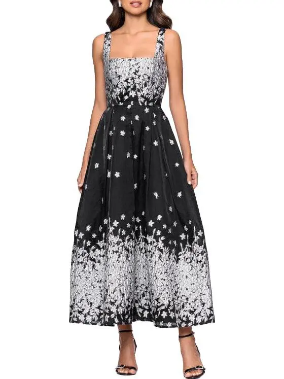 Betsy & Adam Metallic Floral Gown - Silver/black