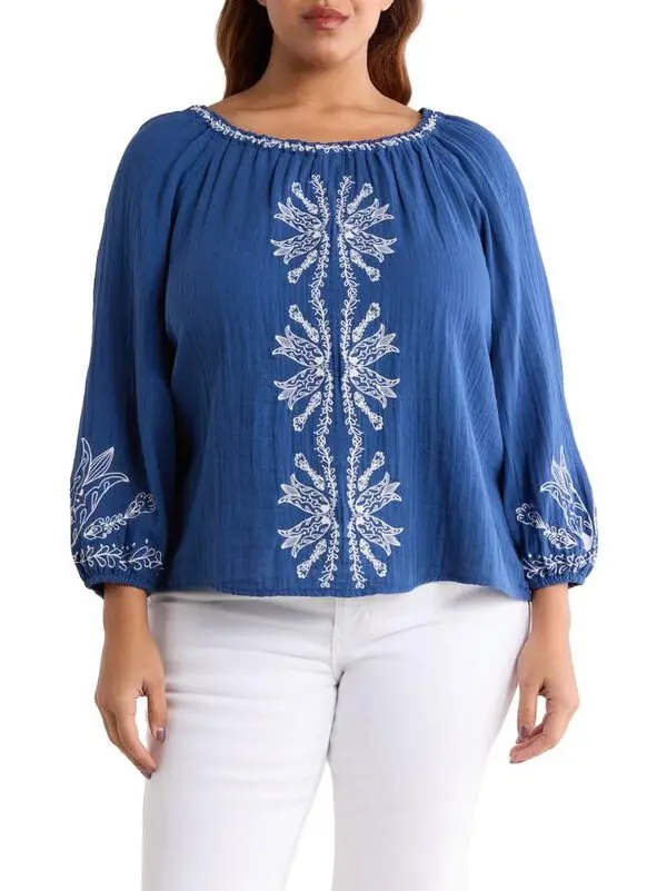 LIVERPOOL Embroidered Cotton Peasant Top - Liberty Blue
