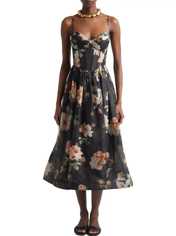 Zimmermann Kindred Spirit Luna Linen & Silk Organza Corset Midi Dress - Black Rose
