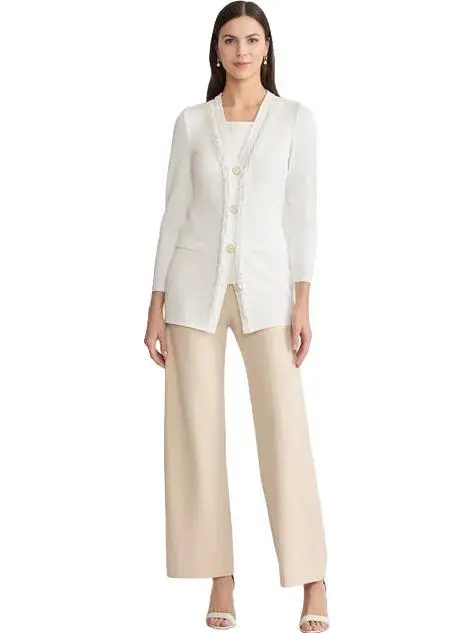 Misook Beaded Trim Flat Knit Cardigan - White
