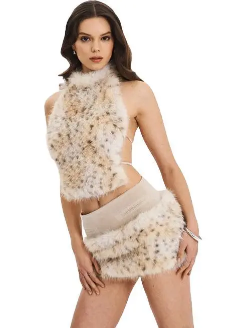 MISS CIRCLE Backless Faux Fur Halter Top - Tan