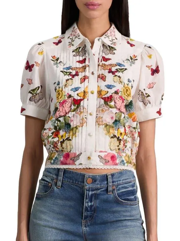 Alice + Olivia Rosie Butterfly & Floral Print Pleated Cotton Button-up Shirt - Solar Strength Off White