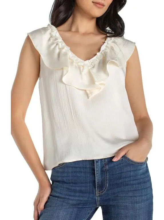 LIVERPOOL Ruffle Sleeveless Mixed Media Top - French Vanilla