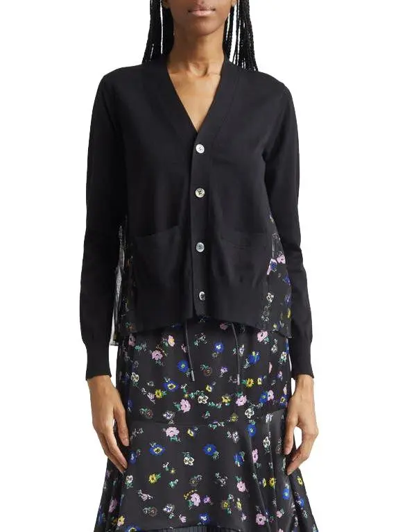 Sacai Mixed Media Pleated Floral Chiffon & Knit Cardigan - Black/black