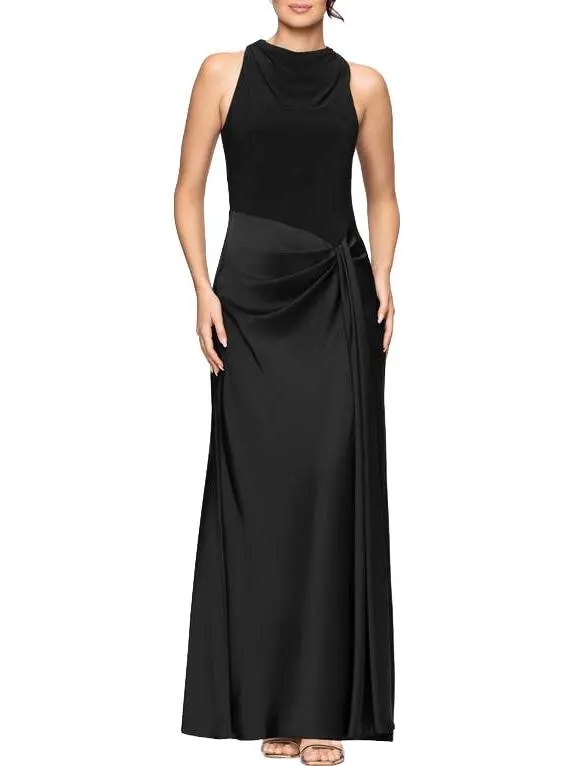 Betsy & Adam Mixed Media Satin Gown - Black