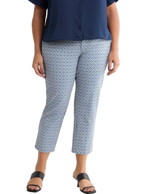 LIVERPOOL Jacquard Slit Hem Tapered Pants - Blue White Tile Print