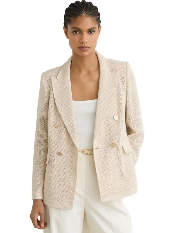 REISS Fiore Petite Open-weave Double-breasted Blazer - Cream