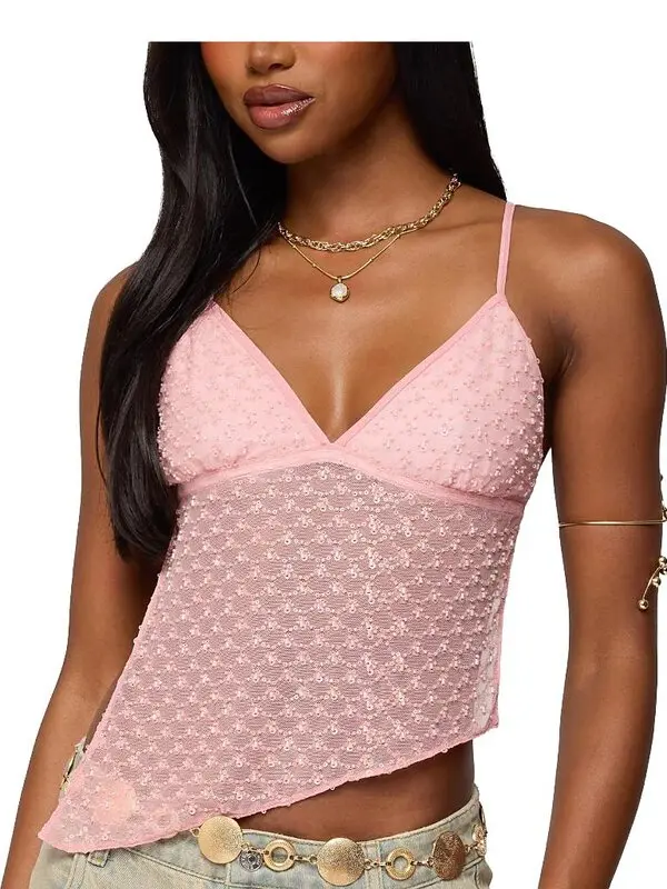 EDIKTED Beaded Mesh Asymmetric Top - Light-pink