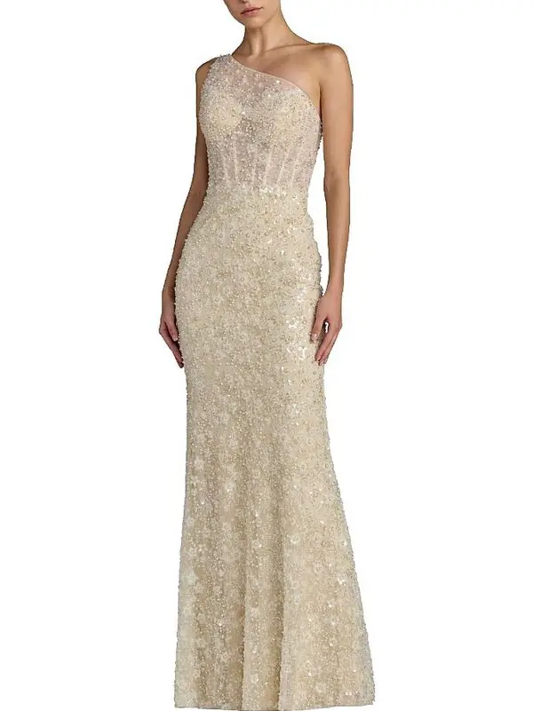 Mac Duggal Sequin Floral One Shoulder A-line Gown - Oyster Nude