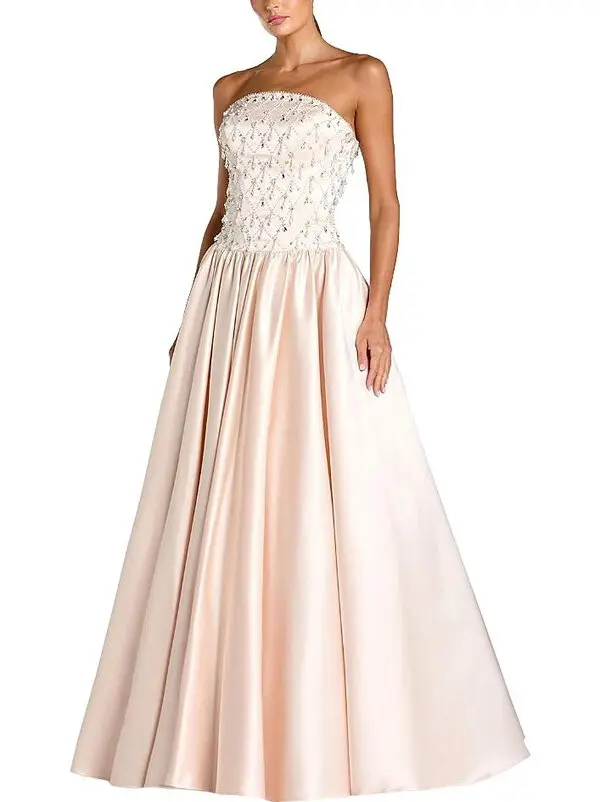 Mac Duggal Satin Pearl Beaded Dropwaist Strapless Ballgown - Porcelain